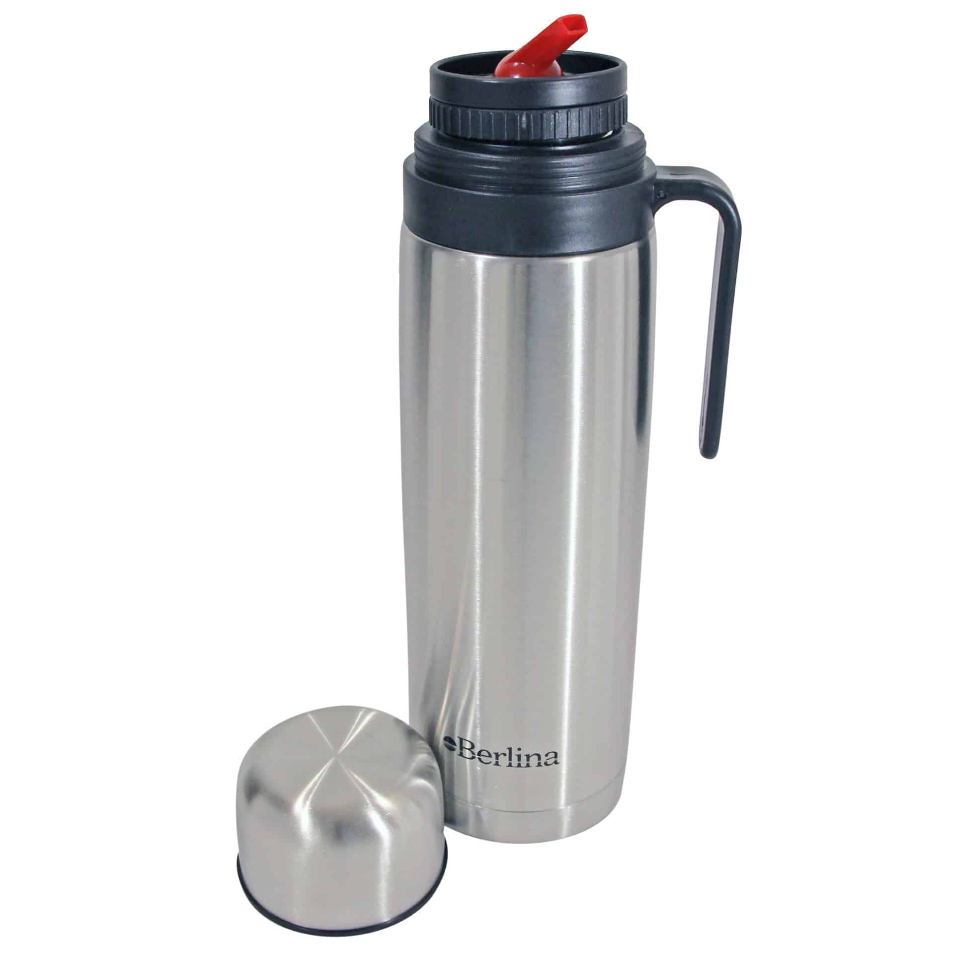 Termo 1L con media asa plateado, pico cebador, base antideslizante ...